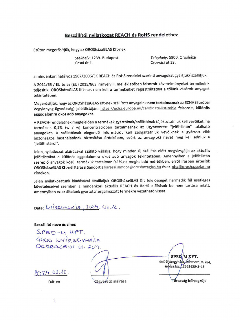 Sped KFT - 2023 - 2024 - Beszállítói Nyilatkozat REACH És RoHS Rendelethez | PDF