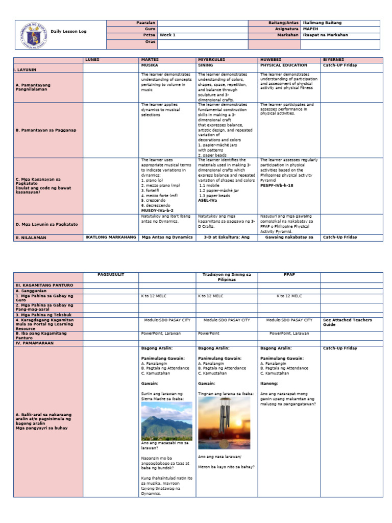 DLL WEEK 1-Q4 MAPEH 5 | PDF