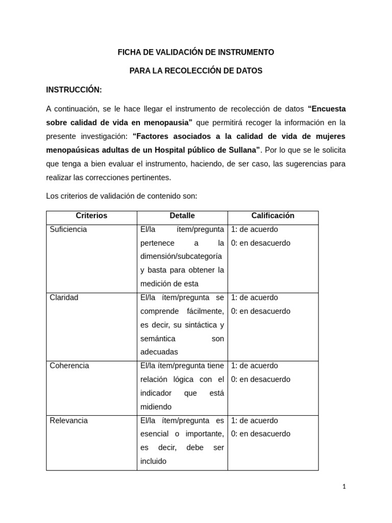 Matriz de Validaciòn Instrumento 1 | PDF | Calidad de vida | Metodología de encuesta