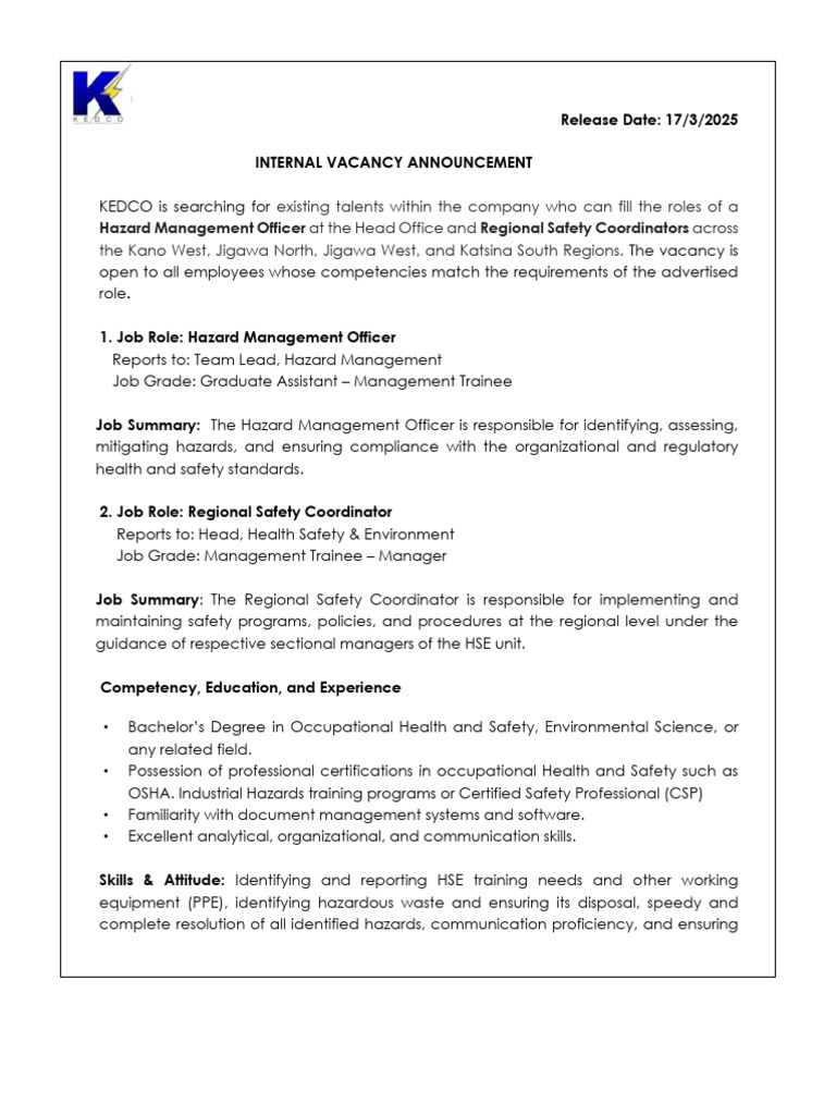 Internal Vacancy Announcement - HSE Unit | PDF
