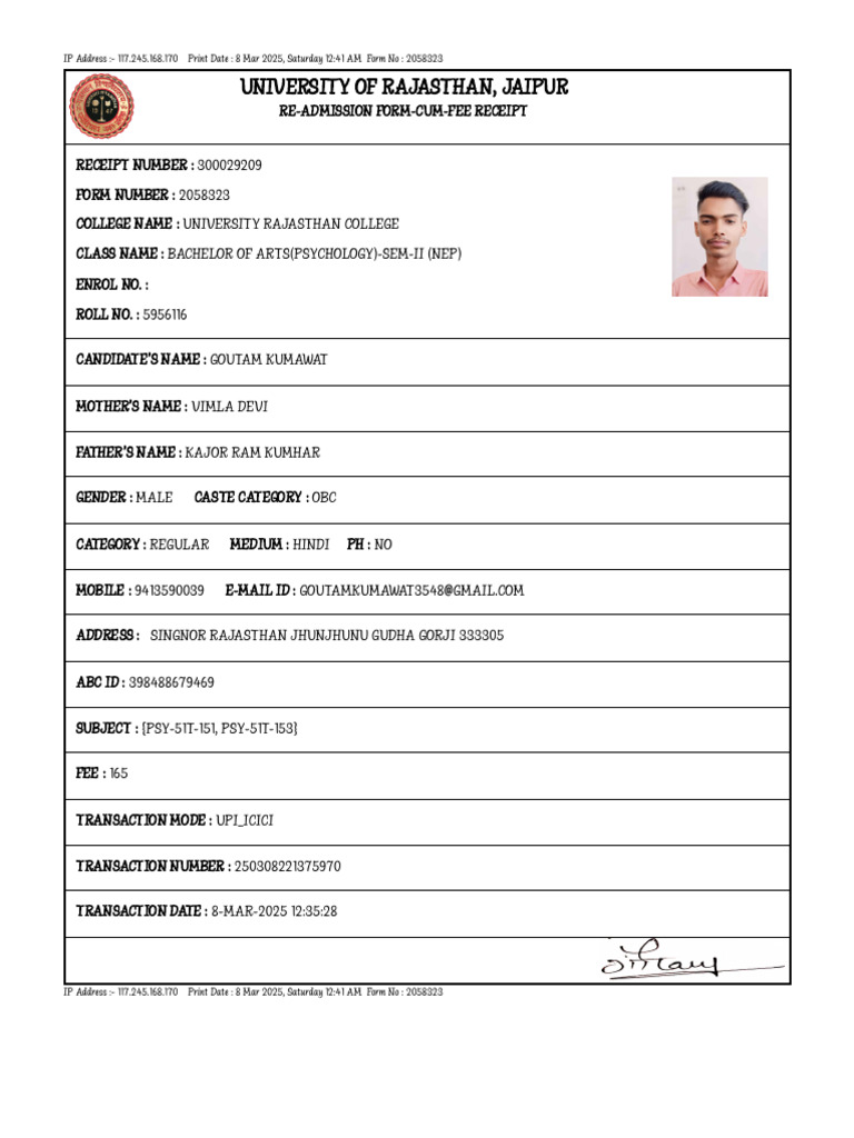 Rajasthan University Re-Admission Form | PDF