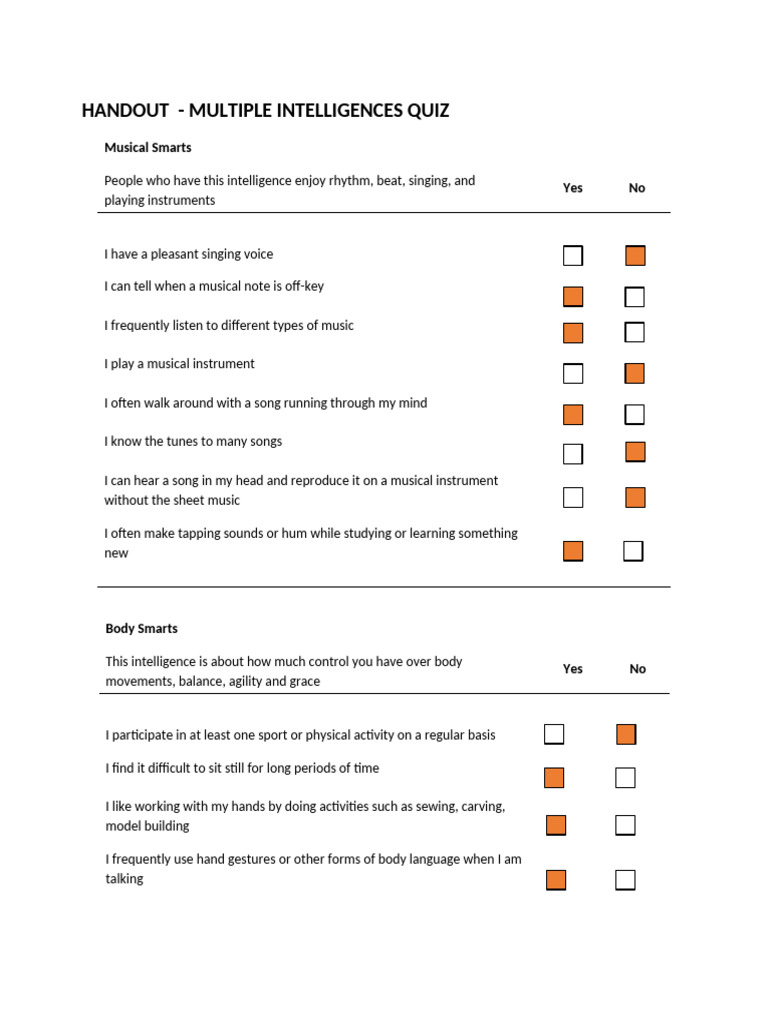 Multiple Intelligences Quiz Handout | PDF | Thought | Intelligence