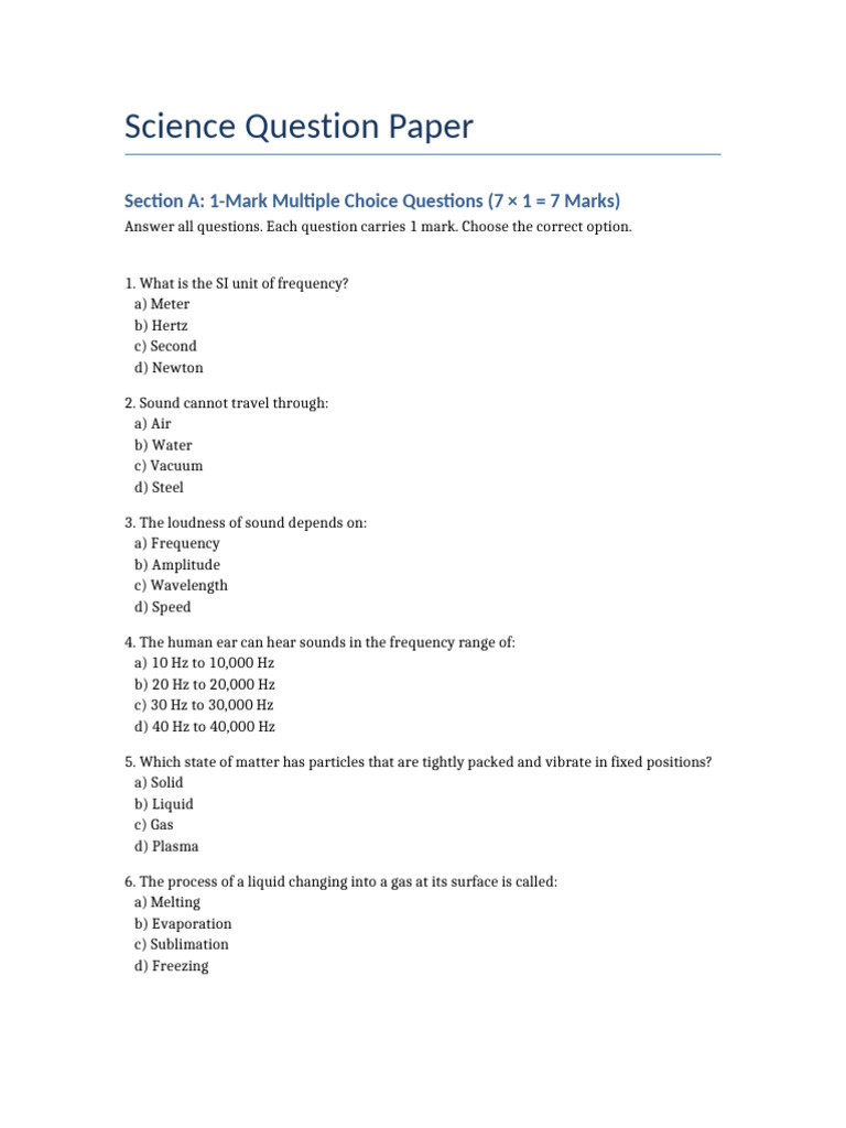 Science - Question - Paper Class 8 | PDF