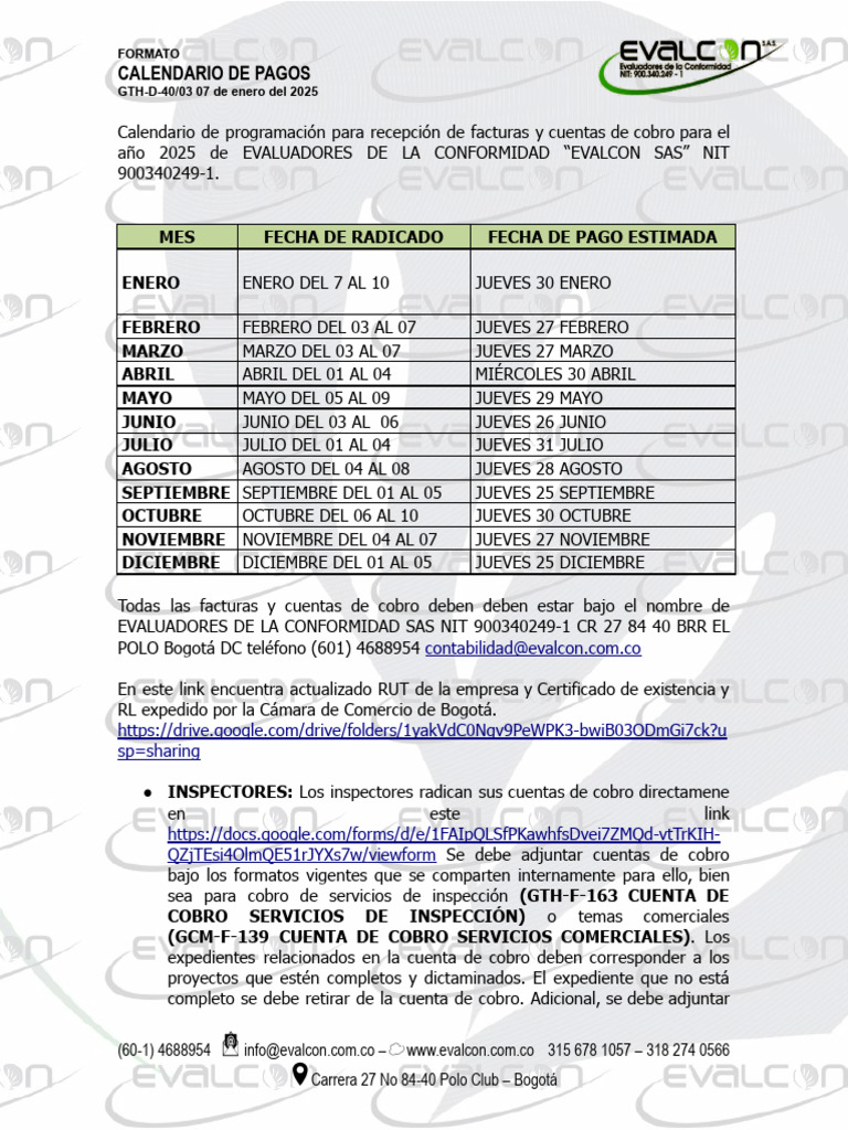 GTH-D-40 CALENDARIO DE PAGOS 2025 EVALCON SAS.docx | PDF