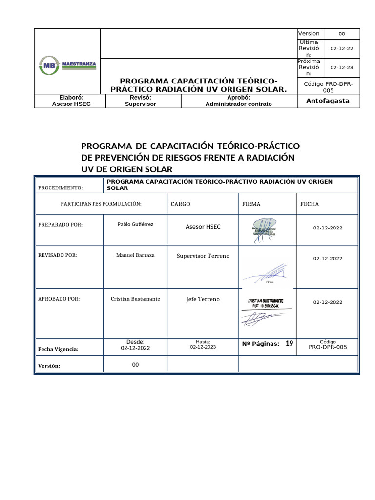 PRO-DPR-005 Programa Capacitacion Radiacion UV | PDF | Ultravioleta | Radiación