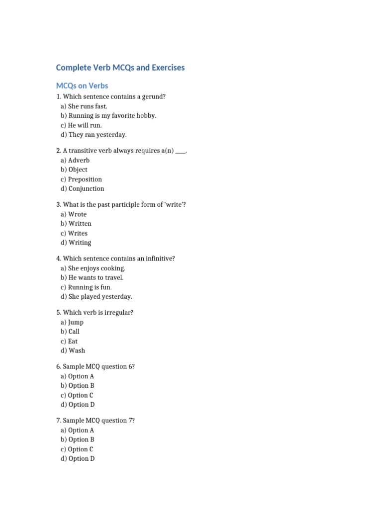 Complete Verb MCQs and Exercises | PDF | Verb | Morphology