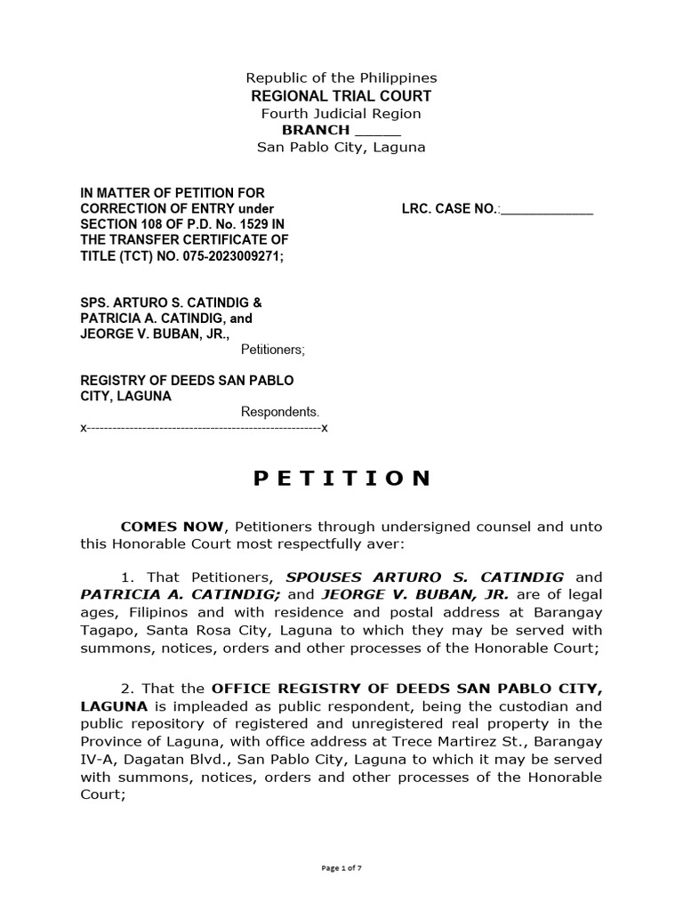 Petition for Title Correction in Laguna | PDF | Title (Property) | Justice