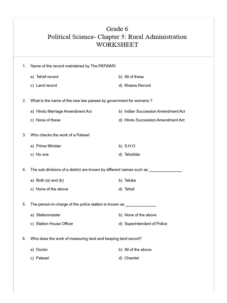 Grade6 PolSci Ch5 Worksheet | PDF | Economy Of India | Government Of India