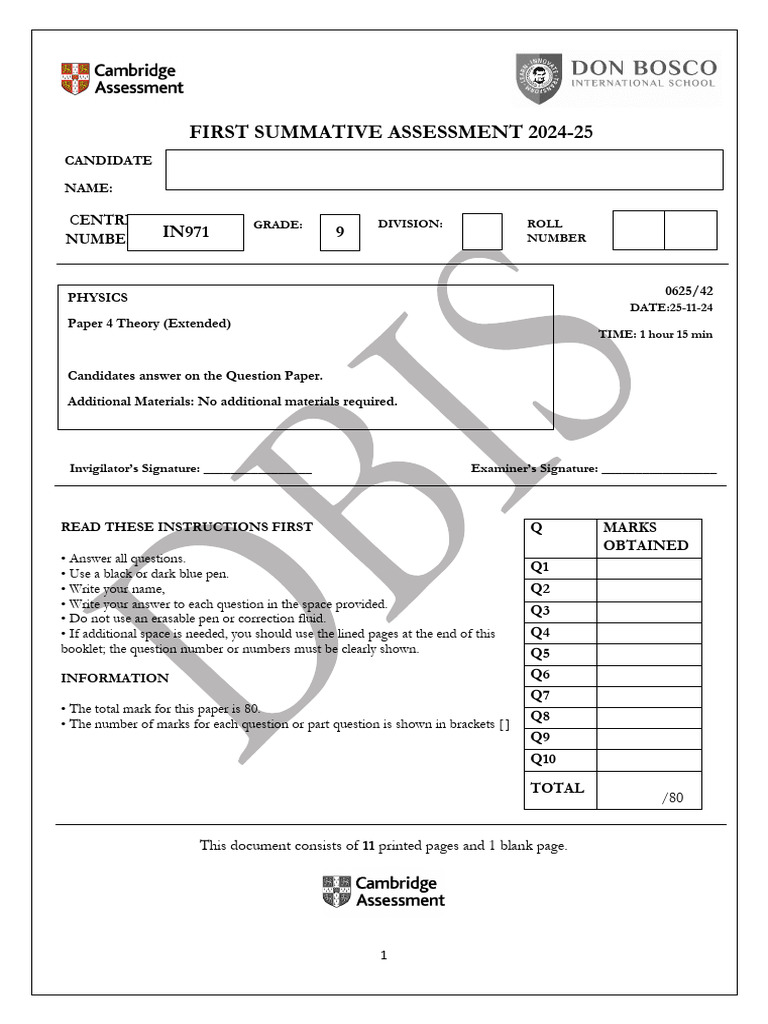 Physics G9 Sa 1 0625-42-2024-25 QP | PDF | Force | Acceleration