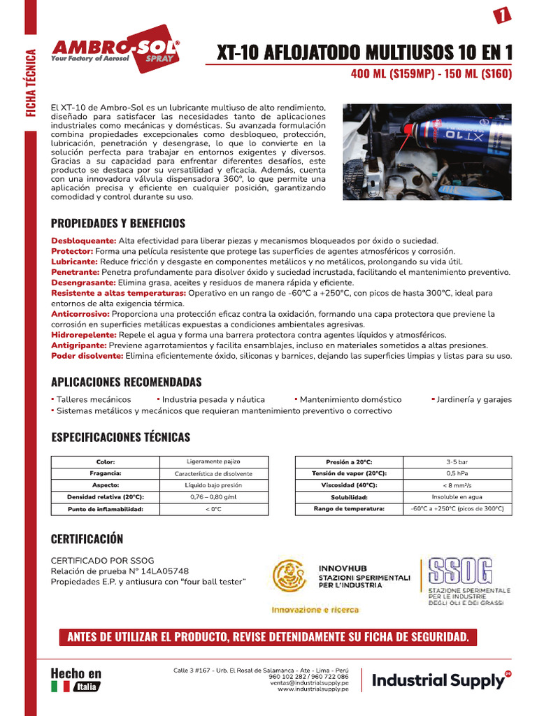 Ficha Técnica Ambro-Sol XT-10 Aflojatodo Multiusos 10 en 1 400 ML ...