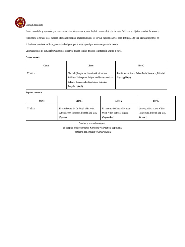 plan lector 7° 2025 | PDF