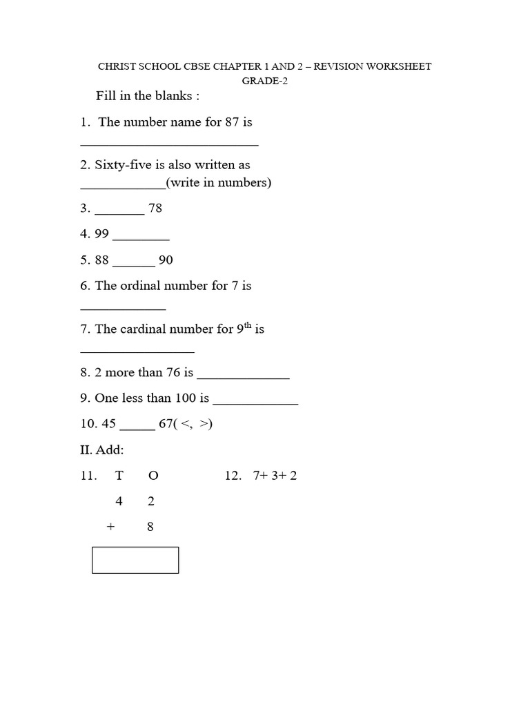 Grade 2 CBSE Math Revision Worksheet | PDF