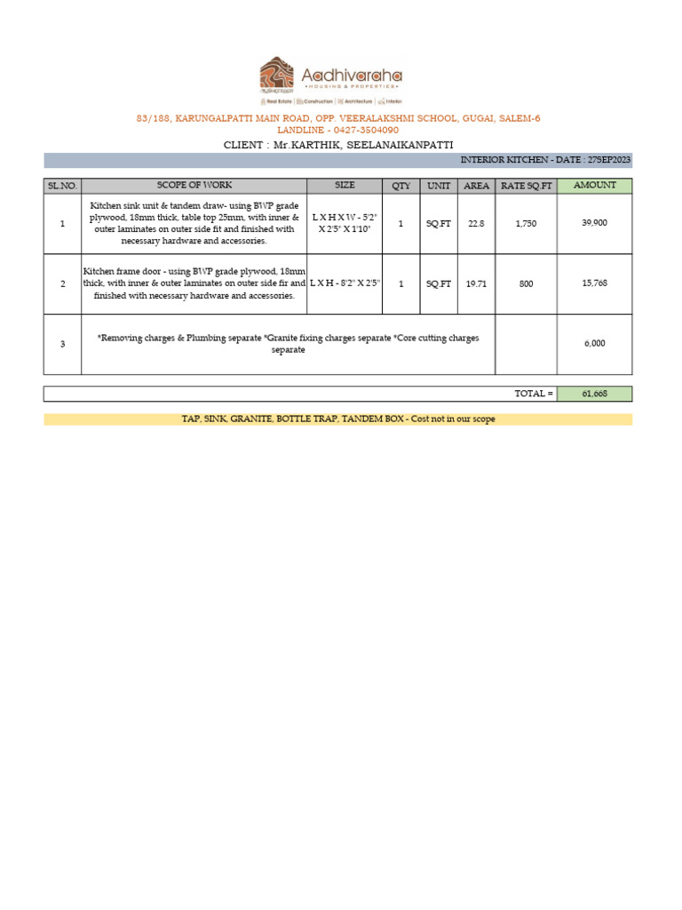 27SEP23-Mr - KARTHIK-INTERIOR KITCHEN QUOTATION | PDF