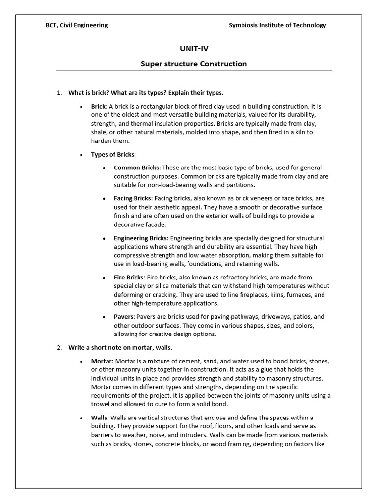 NOTES - IV Super Structure Construction | PDF | Plaster | Roof