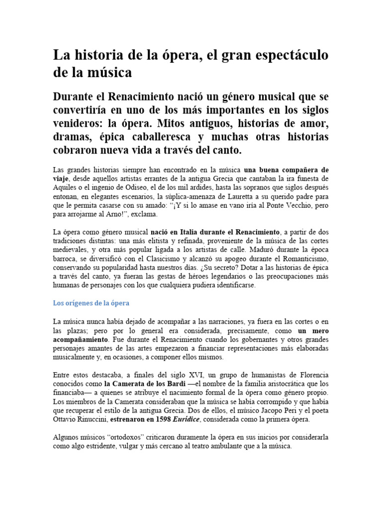 Historia de la ópera: orígenes y evolución | PDF | Ópera | Periodo ...
