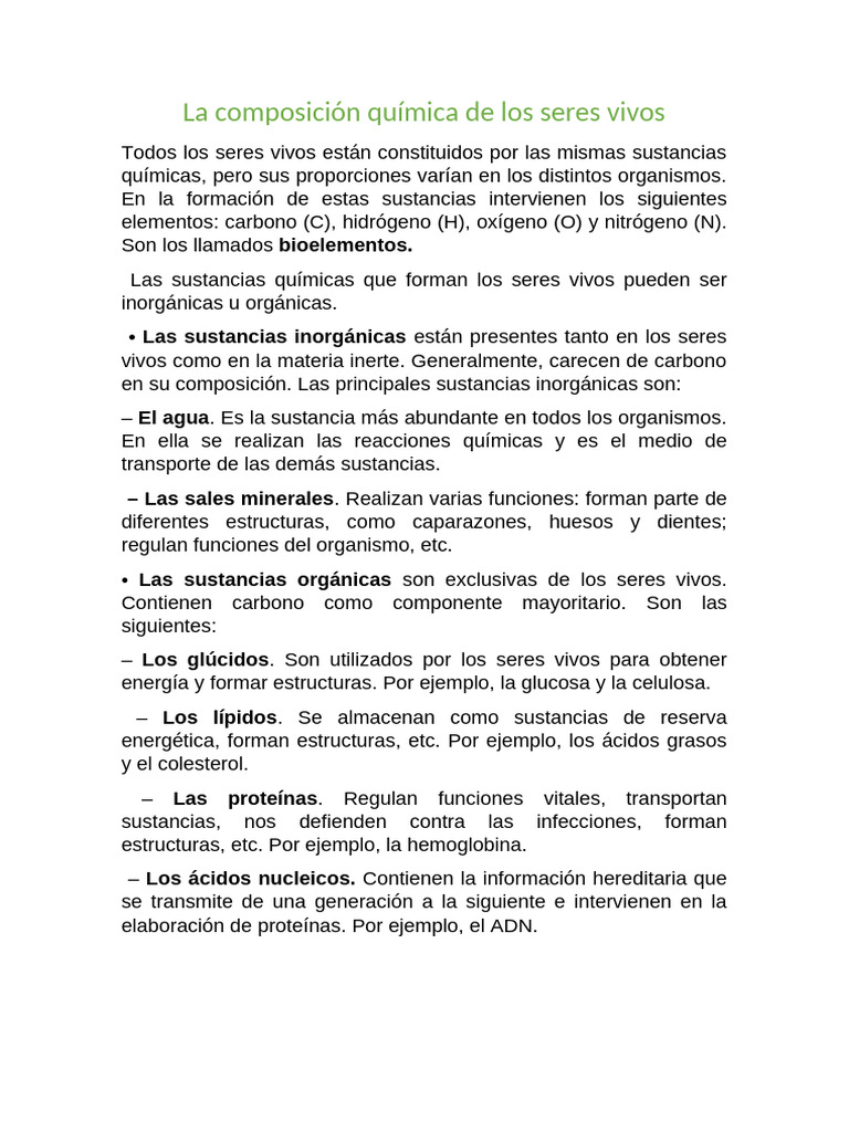 La Composición Química de Los Seres Vivos | PDF | Organismos | Sustancias químicas