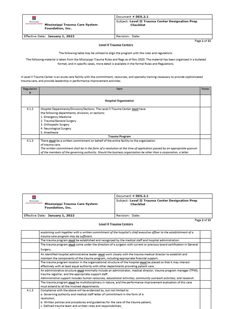 Level II Trauma Center Checklist | PDF | Surgery | Emergency Department
