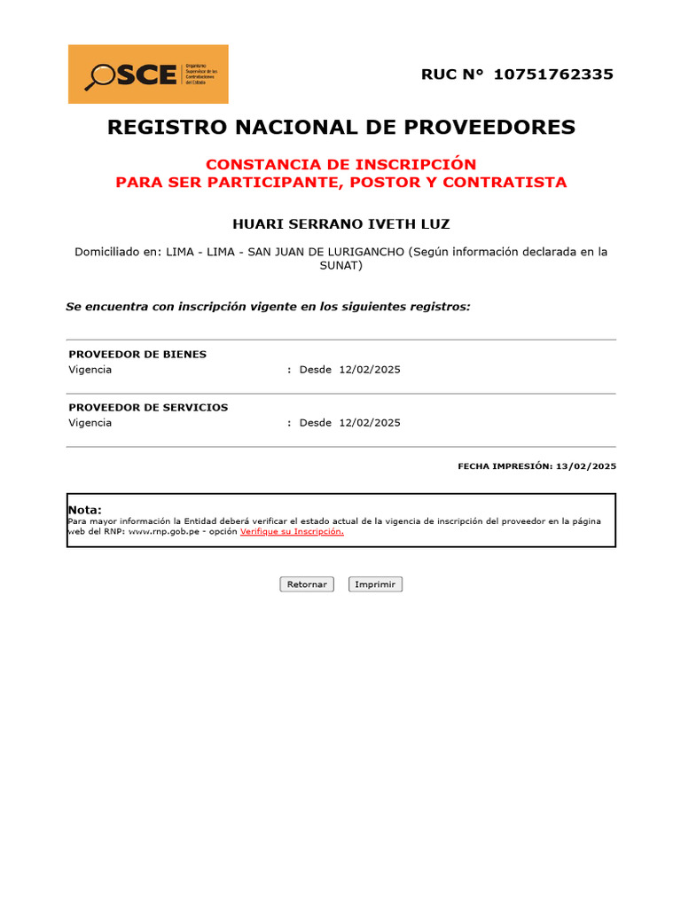 Constancia Del RNP Huari Serrano Iveth Luz | PDF