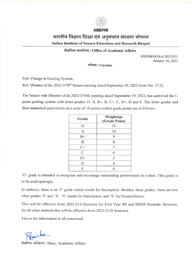 IISER Bhopal New Grading System Update | PDF