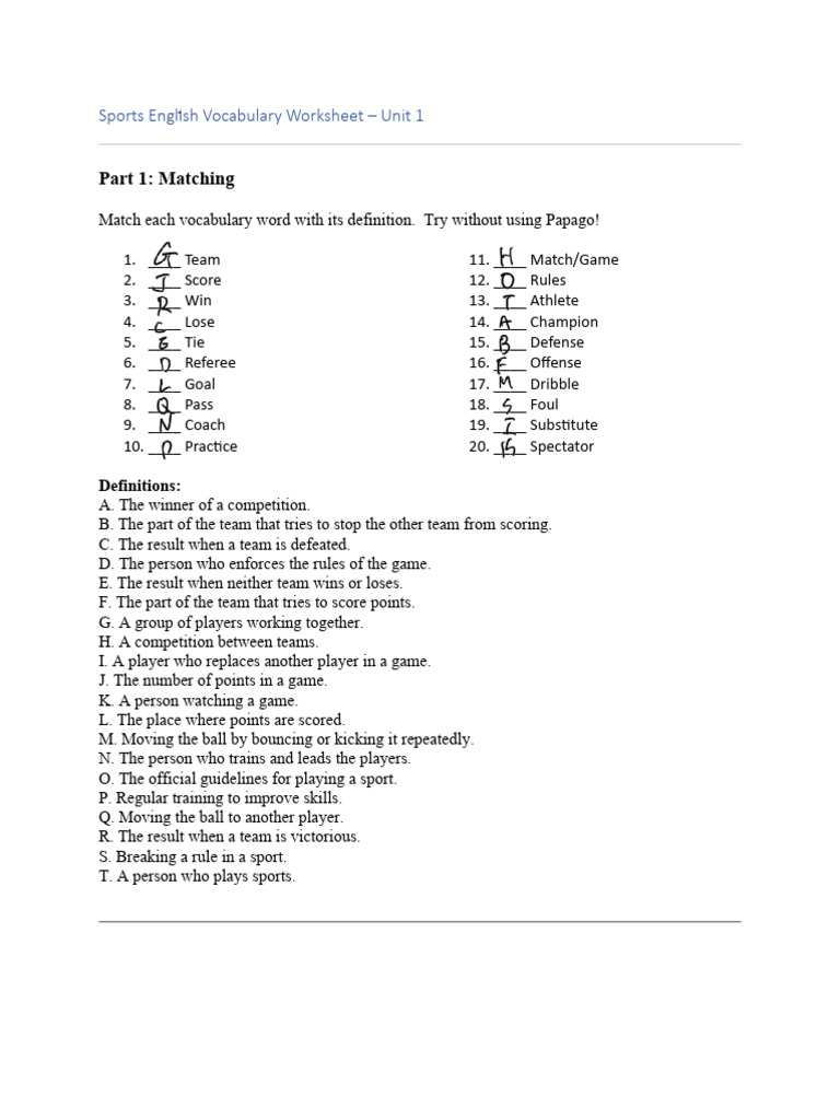Sports Vocabulary Worksheet for Beginners | PDF | Sports