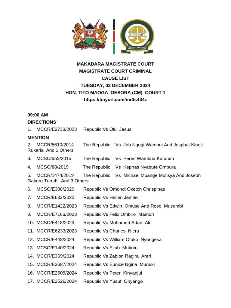 Makadara Law Courts Daily Cause List 03 December 2024 | PDF
