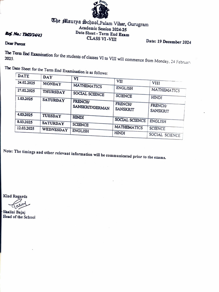Class VI-VIII Term End Exam Date Sheet | PDF | Linguistics | Language ...