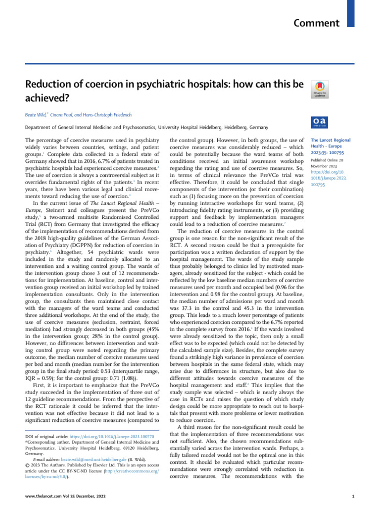 Reduction of Coercion in Psychiatric Hospitals Ho | PDF | Psychiatry ...