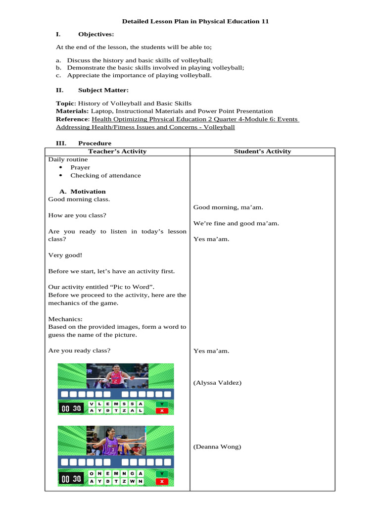 Volleyball Lesson Plan for PE 11 | PDF | Volleyball | Ball Games