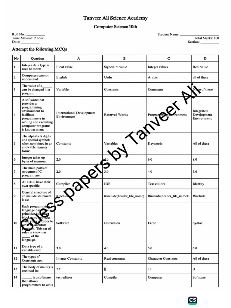 Class 10th Computer Most Important MCQs | PDF