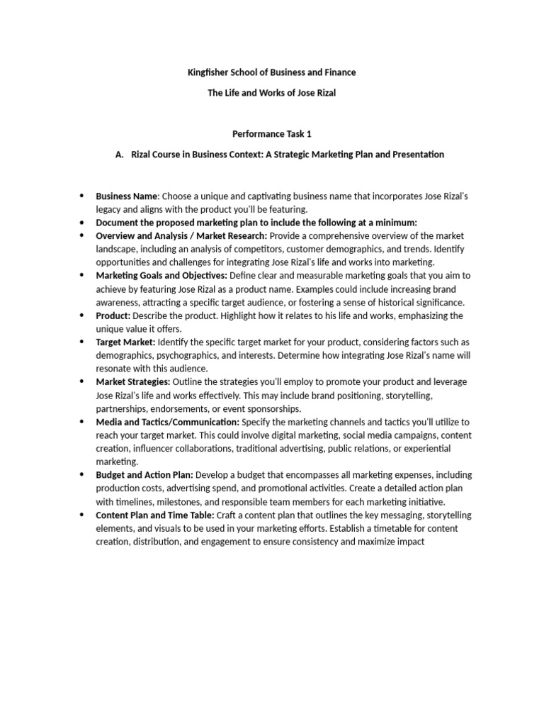 Prelim - Performance Task 1 Business Marketing Plan in Rizals Context | PDF | Marketing ...