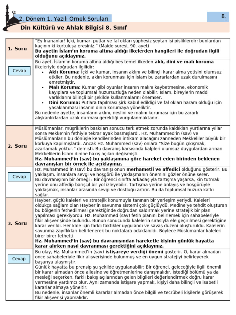 DKAB 8. Sinif 2D1Y Ornek Sinav Sorulari | PDF