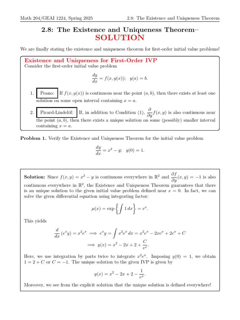 Sp25 Math 204 Worksheet 2.8 Existence Uniqueness First Order Sol | PDF | Functions And Mappings ...