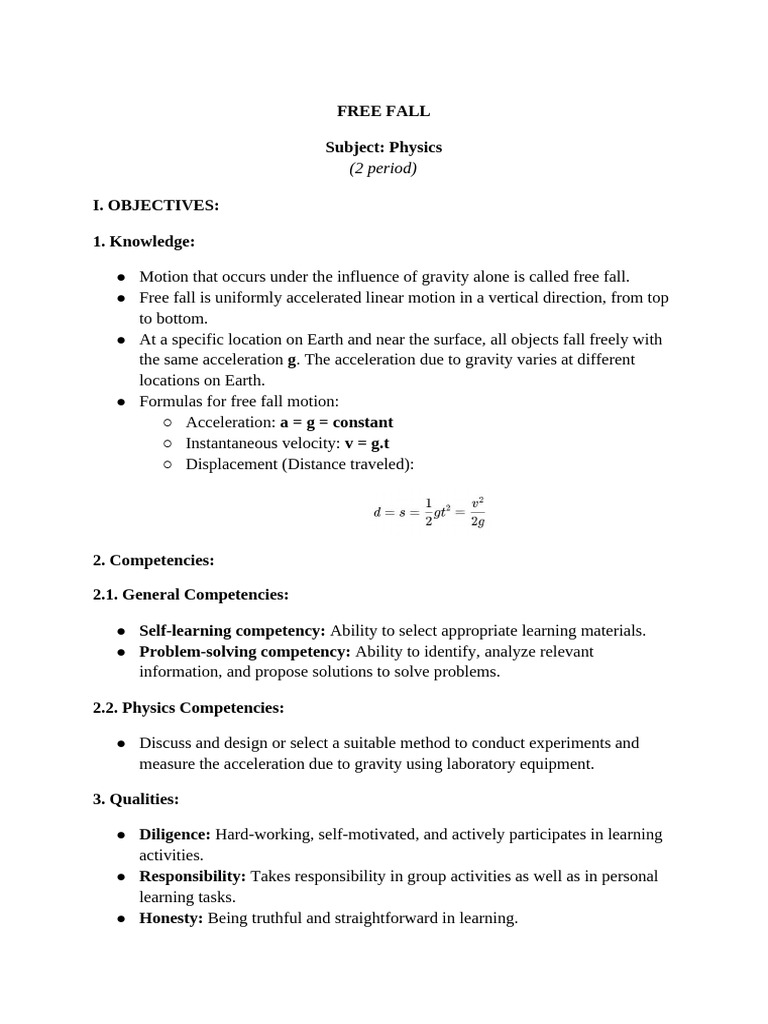 G3 - Lesson Plan - Free-Fall Motion | PDF | Acceleration | Gravity