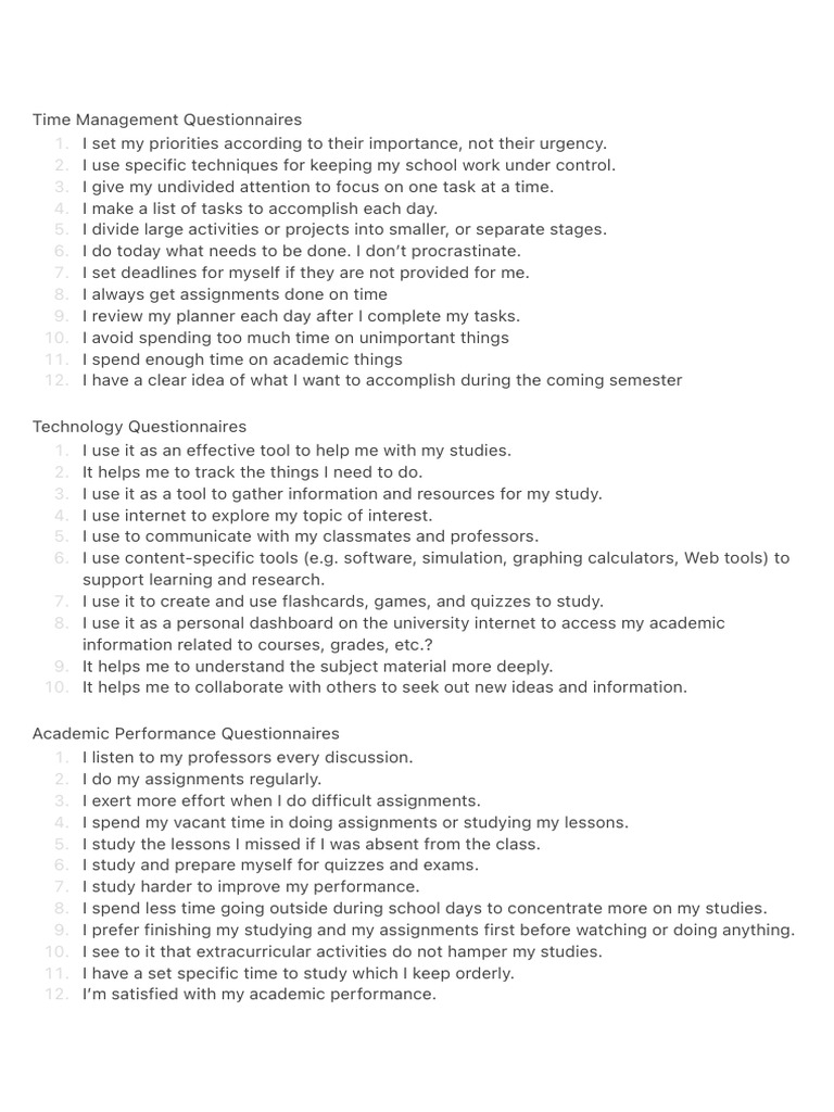 Time Management Questionnaires | PDF | Time Management | Professional Skills