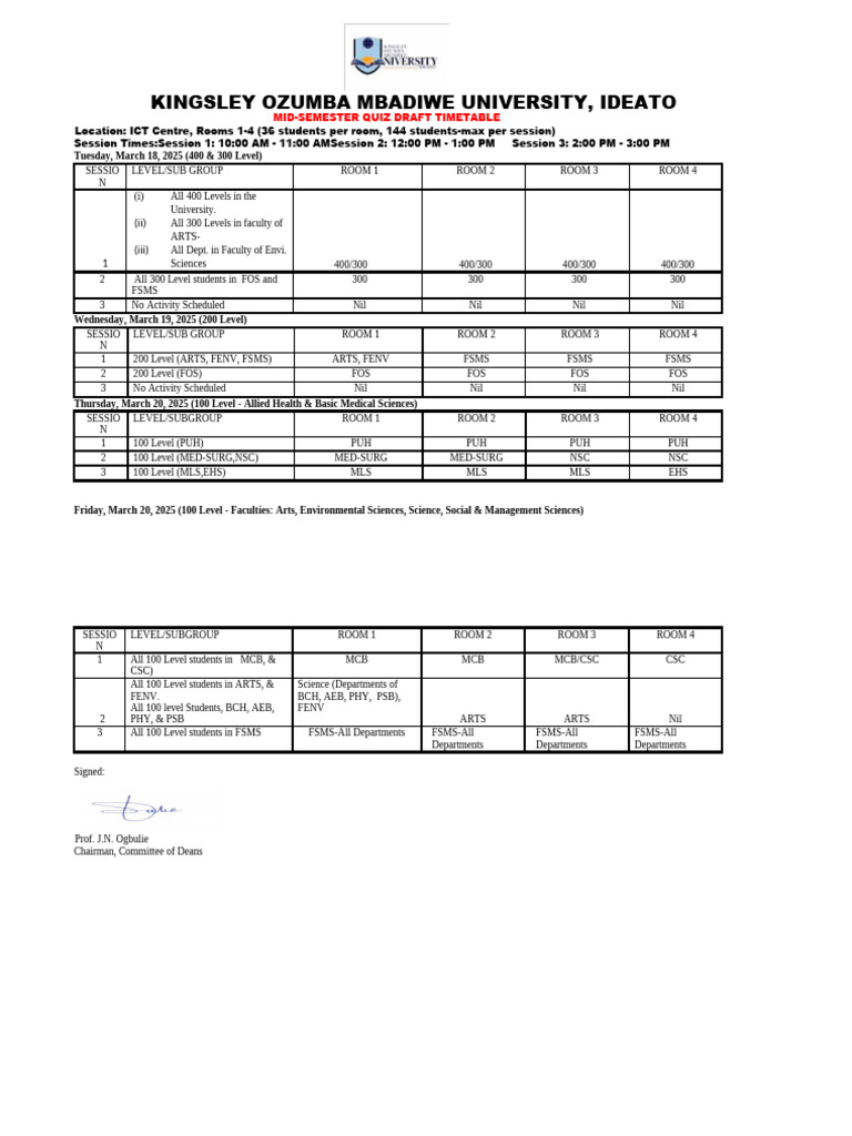 Proposed Timetable 2024-2025 Mid Semester Timetable | PDF