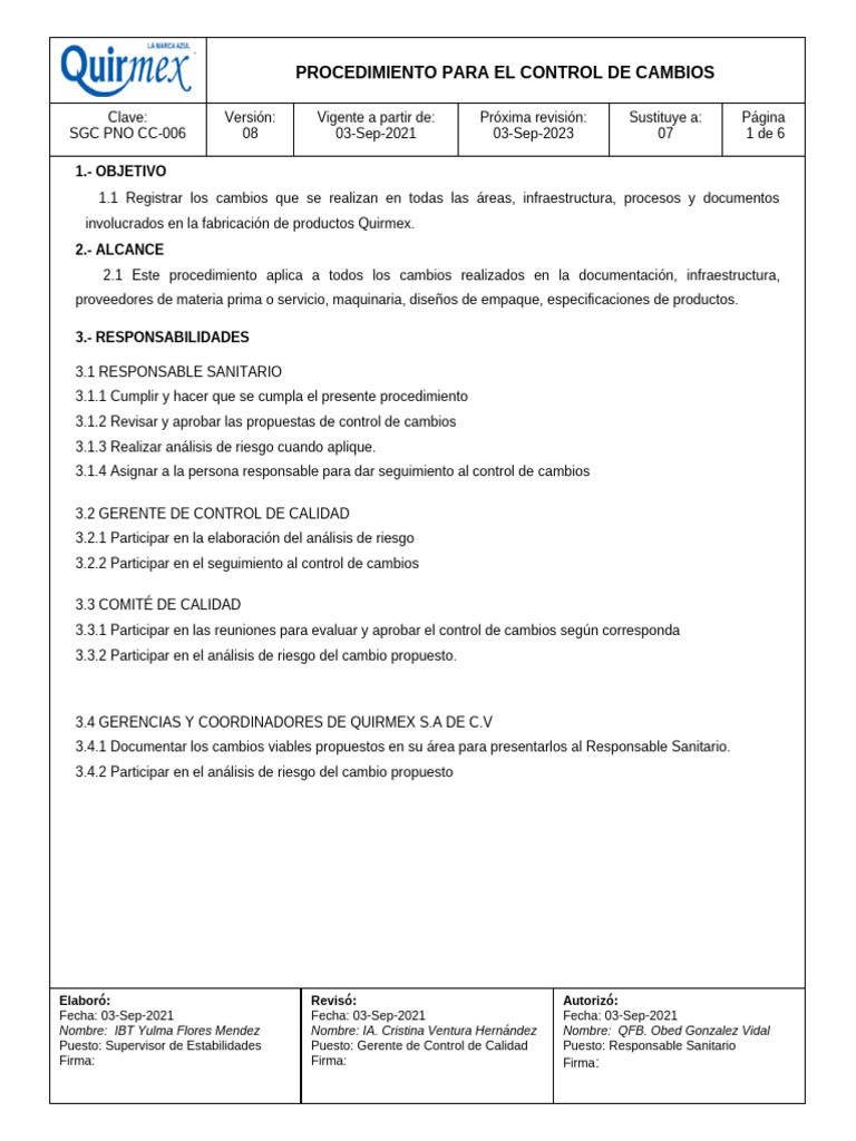 Procedimiento Control de Cambios Quirmex | PDF | Sistema de manejo de ...