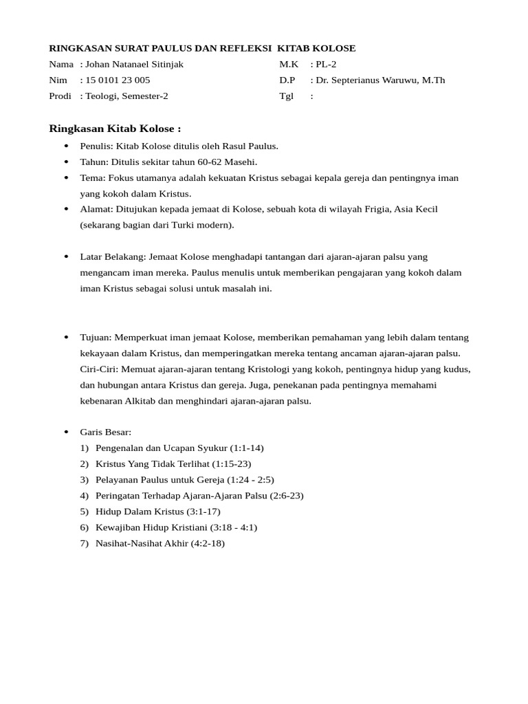 Ringkasan, Argumen Dan Refleksi Kitab KOLOSE | PDF