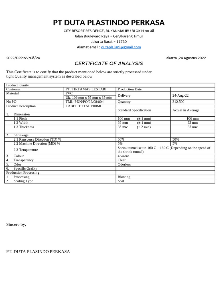 COA TOTAL Label | PDF | Mechanical Engineering
