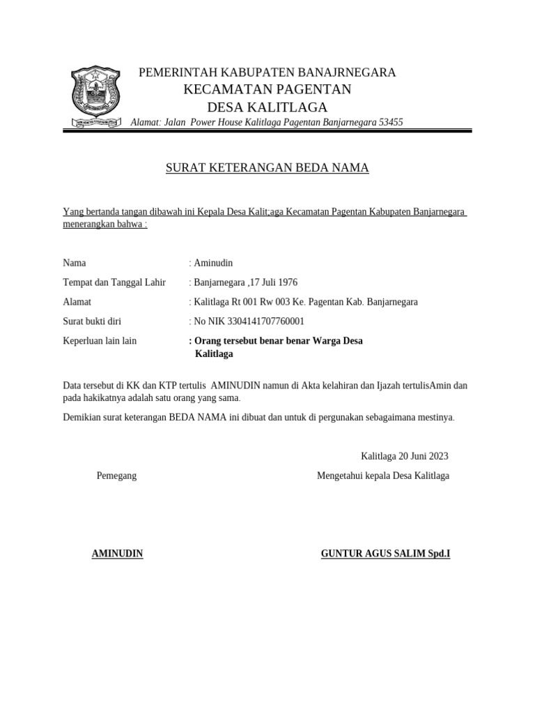 Surat Keterangan Beda Nama | PDF