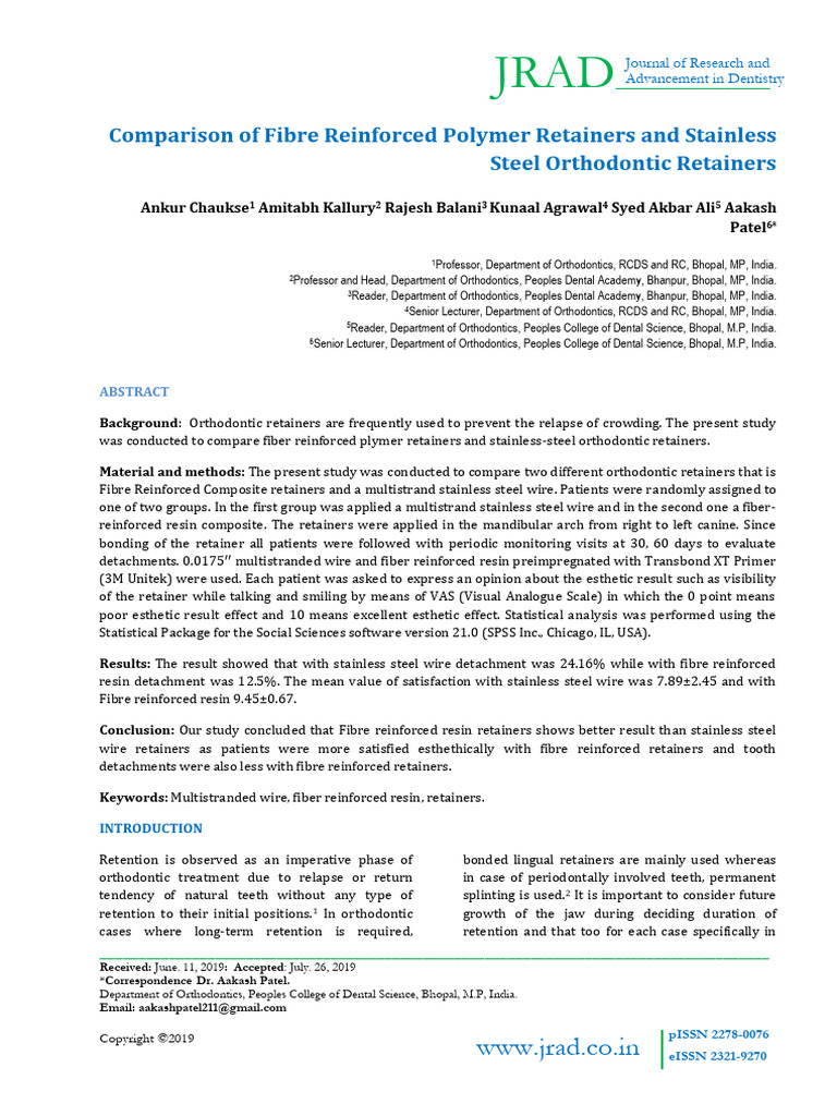 Comparison of Fibre Reinforced Polymer Retainers and Stainless Steel ...