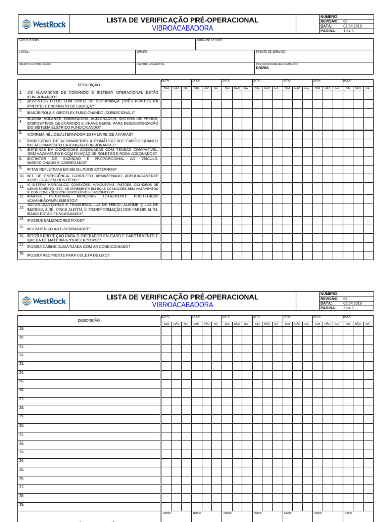 Checklist de Inspeção Vibroacabadora | PDF