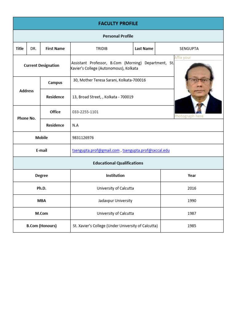Dr. Tridib Sengupta: Faculty Profile | PDF | Kolkata | Business