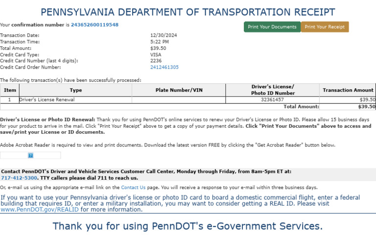 PennDOT Driver and Vehicle Services - Receipt For Online Transactions ...