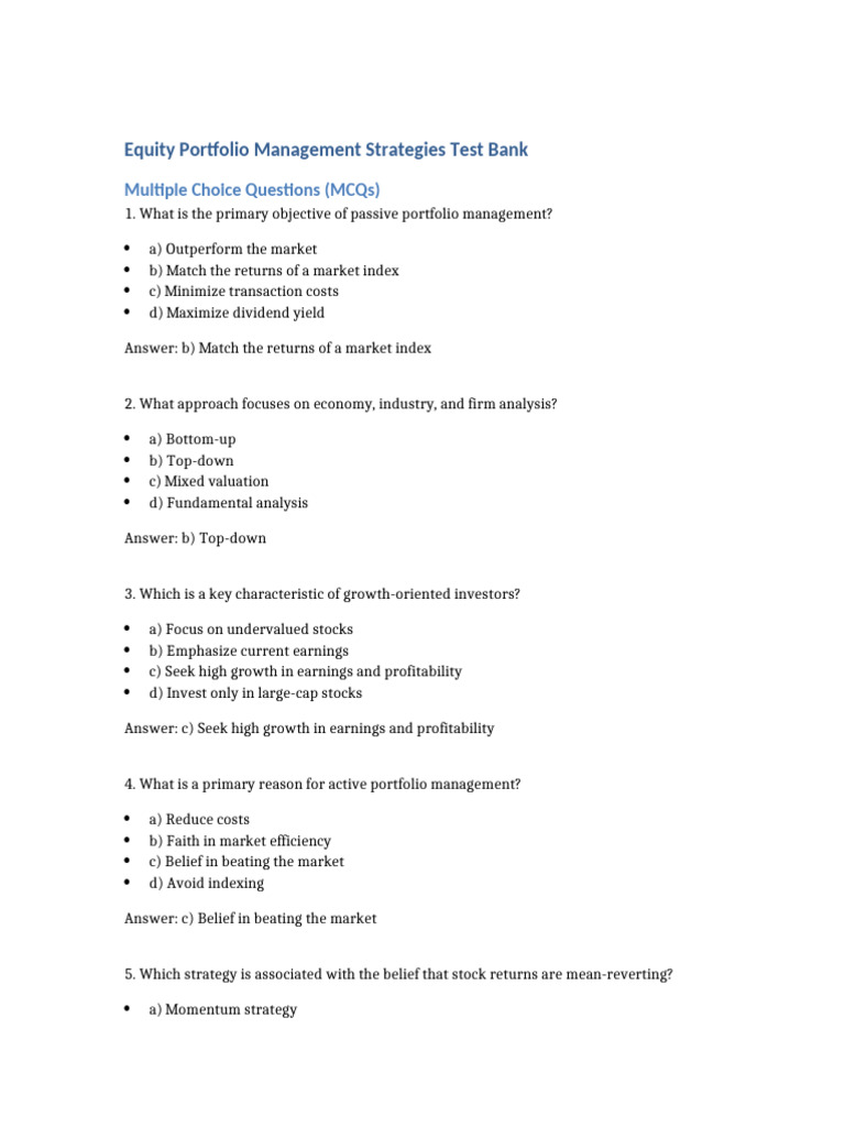 Equity Portfolio Management Test Bank | PDF | Investment Management ...