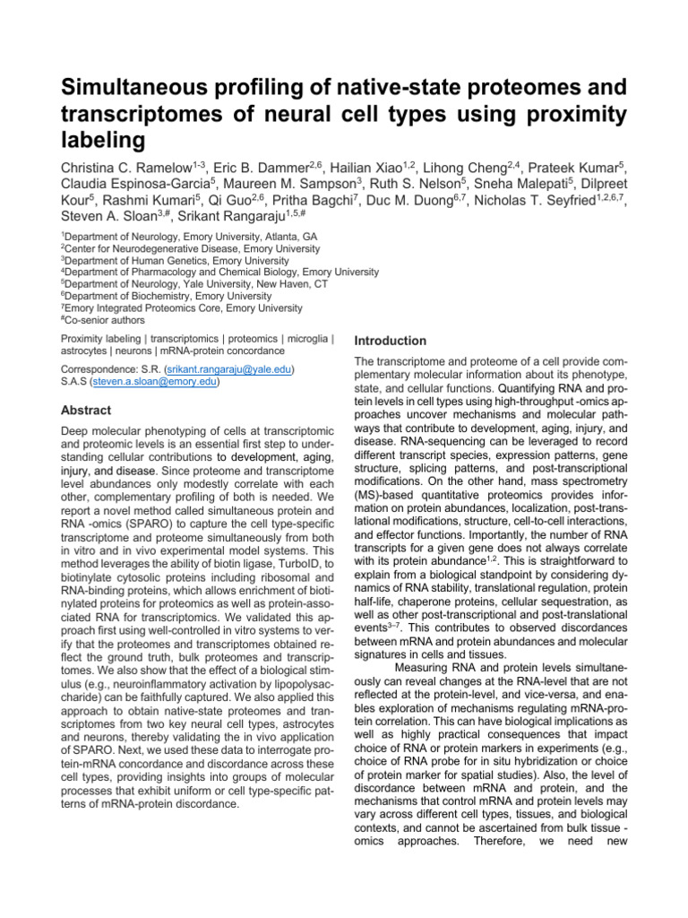 Simultaneous Profiling of Native-State Proteomes and Transcriptomes of ...