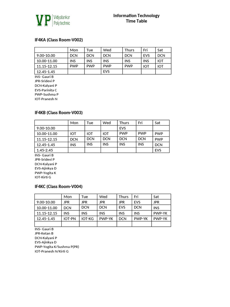 Fourth Sem Time Table-1 | PDF
