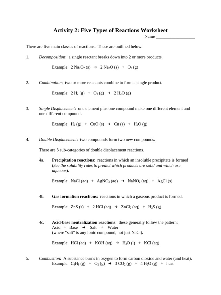 Activity 2 - Five Types of Reactions Worksheet | PDF | Chemical ...