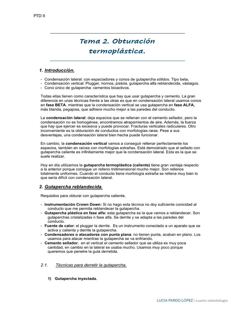 TEMA 2. Obturación Termo Plástica. | PDF | Cemento