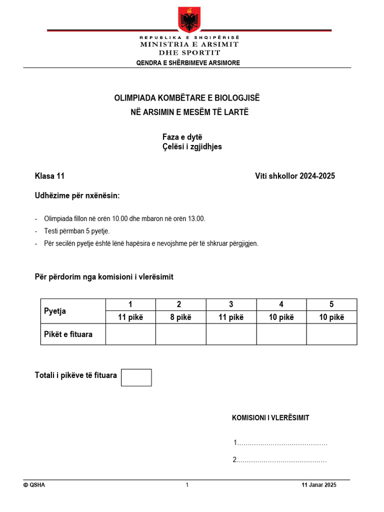 Olimpiada - Klasa 11 - 2024 2025 Celesi I Zgjidhjes Biologji | PDF