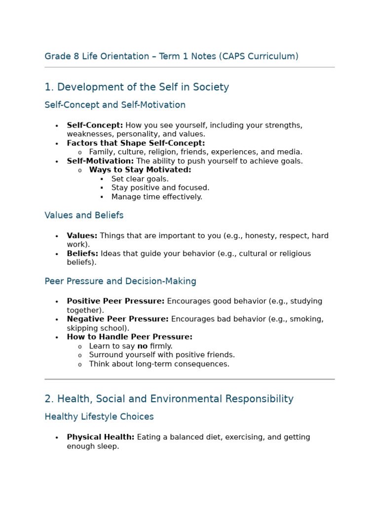 Life Orientation Grade 8 | PDF | Self Concept | Psychology